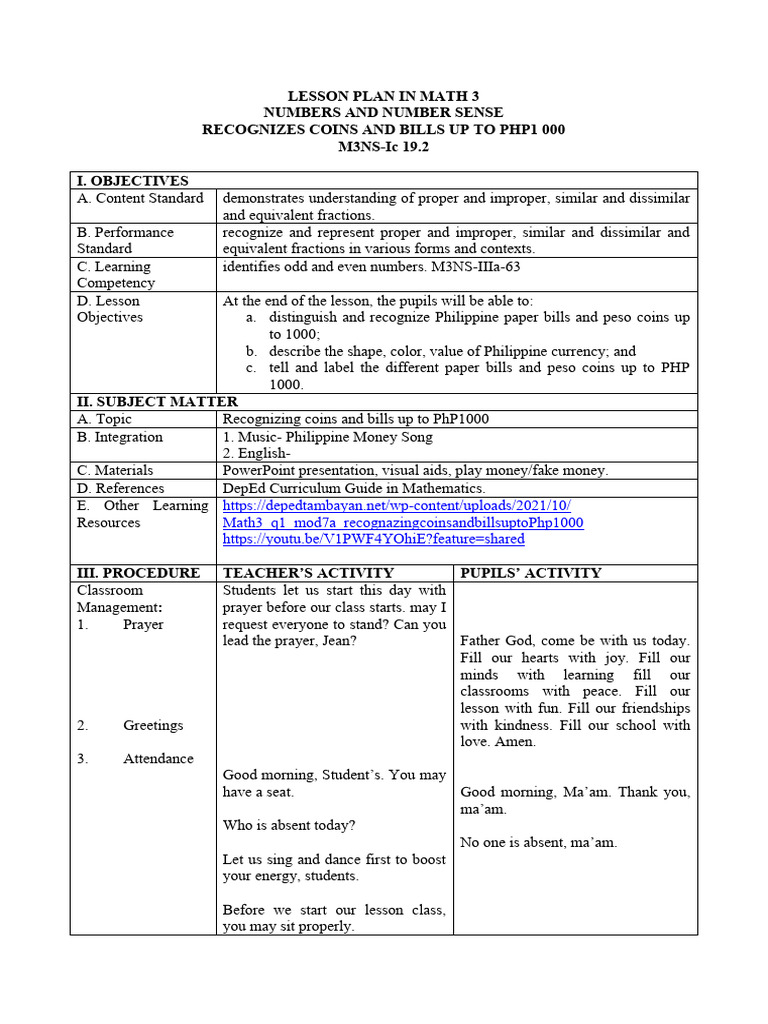 Grade 3 Lesson Plan: Philippine Money | PDF | Currency | Foreign ...