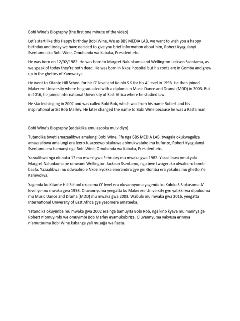 Bobi Wine's Biography | PDF