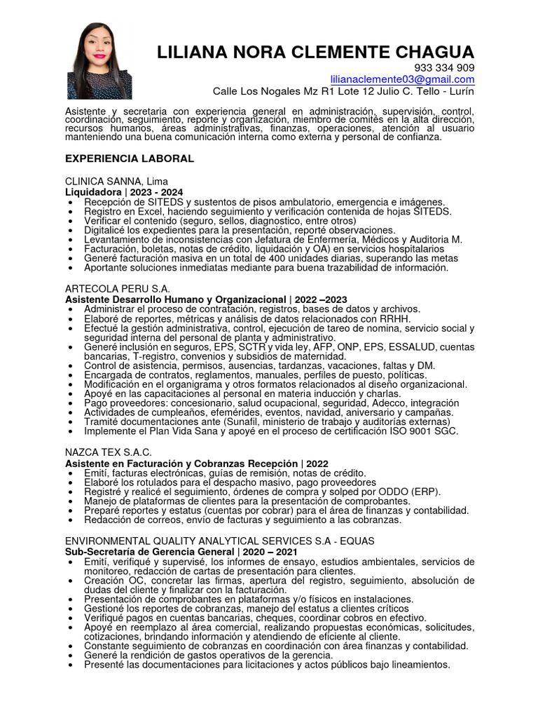 CV Liliana Nora Clemente Chagua | PDF | Perú | Business