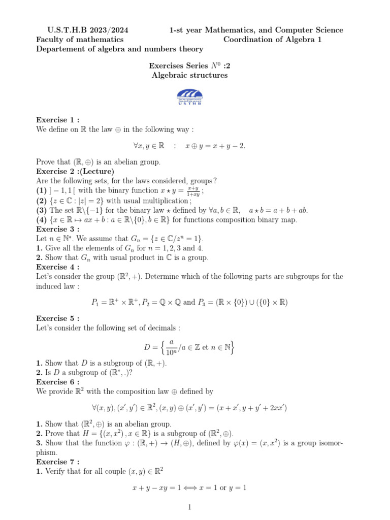 Exercises Sereis Algebraic Structurs | PDF | Group (Mathematics) | Ring ...