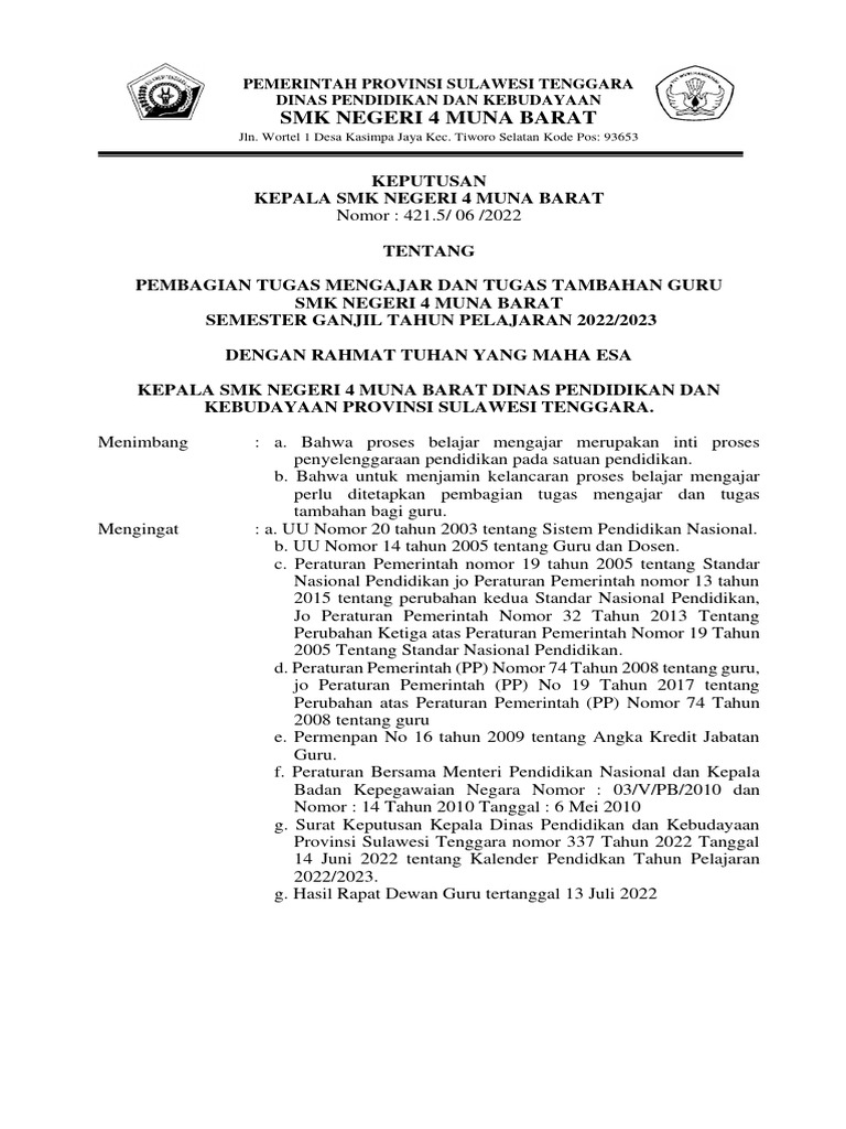 Konsideran Pembagian Tugas Sem - Ganjil 2022-2023 | PDF