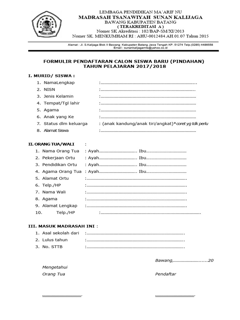 Formulir Siswa Pindahan Pdf