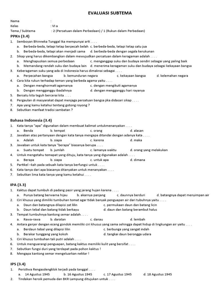 PH TEMA 2 SUBTEMA 1, 2, 3 Kelas 6 | PDF