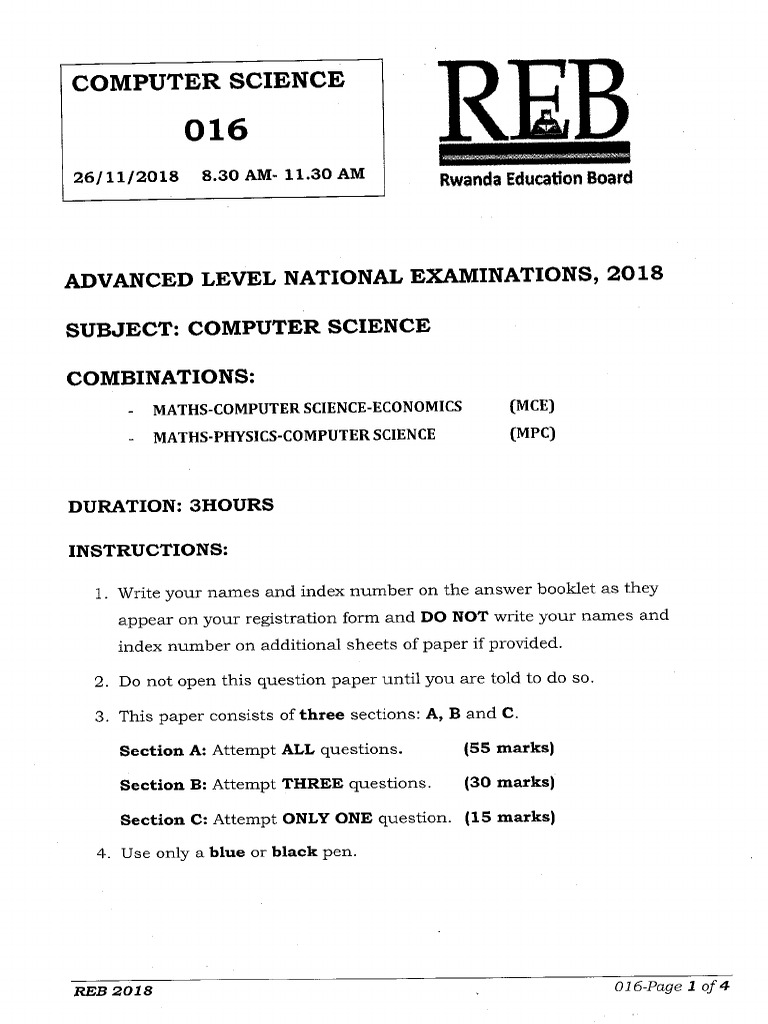 2018 Computer Science Past Paper | PDF