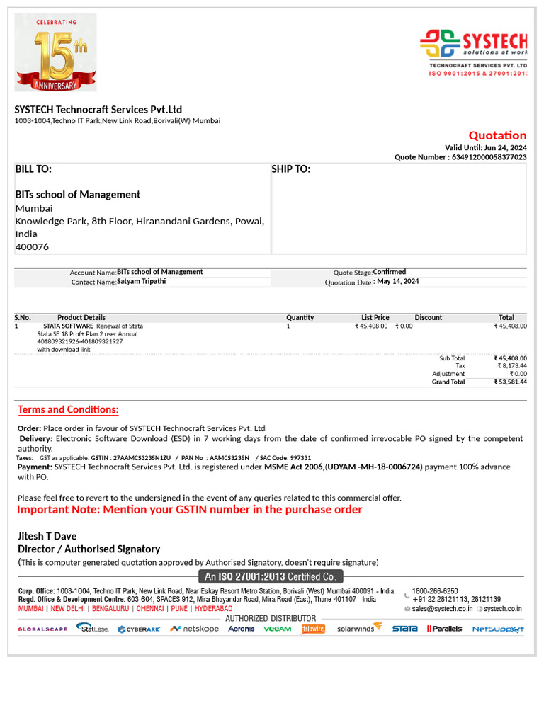 QT Quotation For Renewal Stata Software | PDF | Computing | Payments