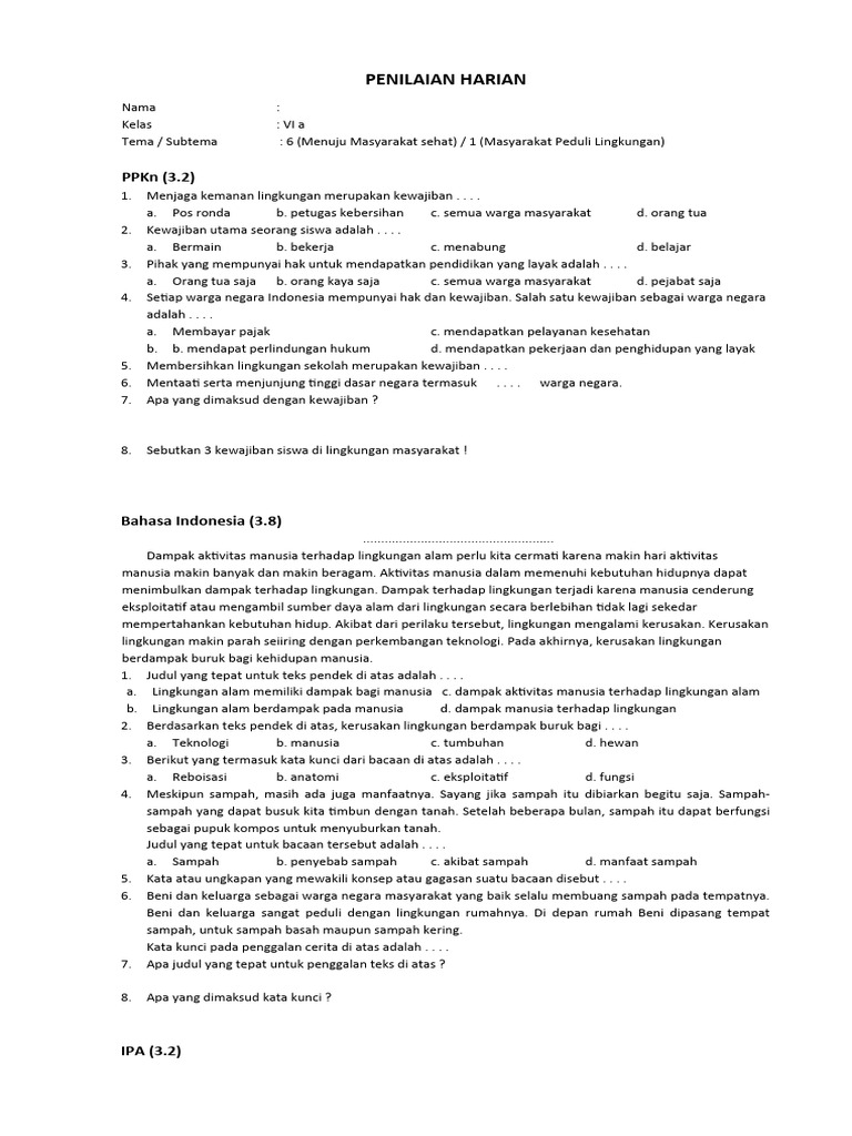 PH TEMA 6 SUBTEMA 1,2,3 Kelas 6 | PDF