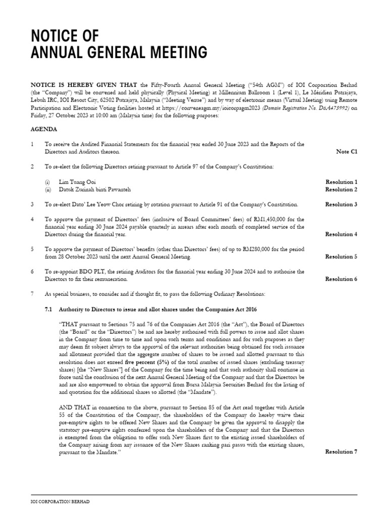 Notice of AGM - IOIC | PDF | Proxy Voting | Audit
