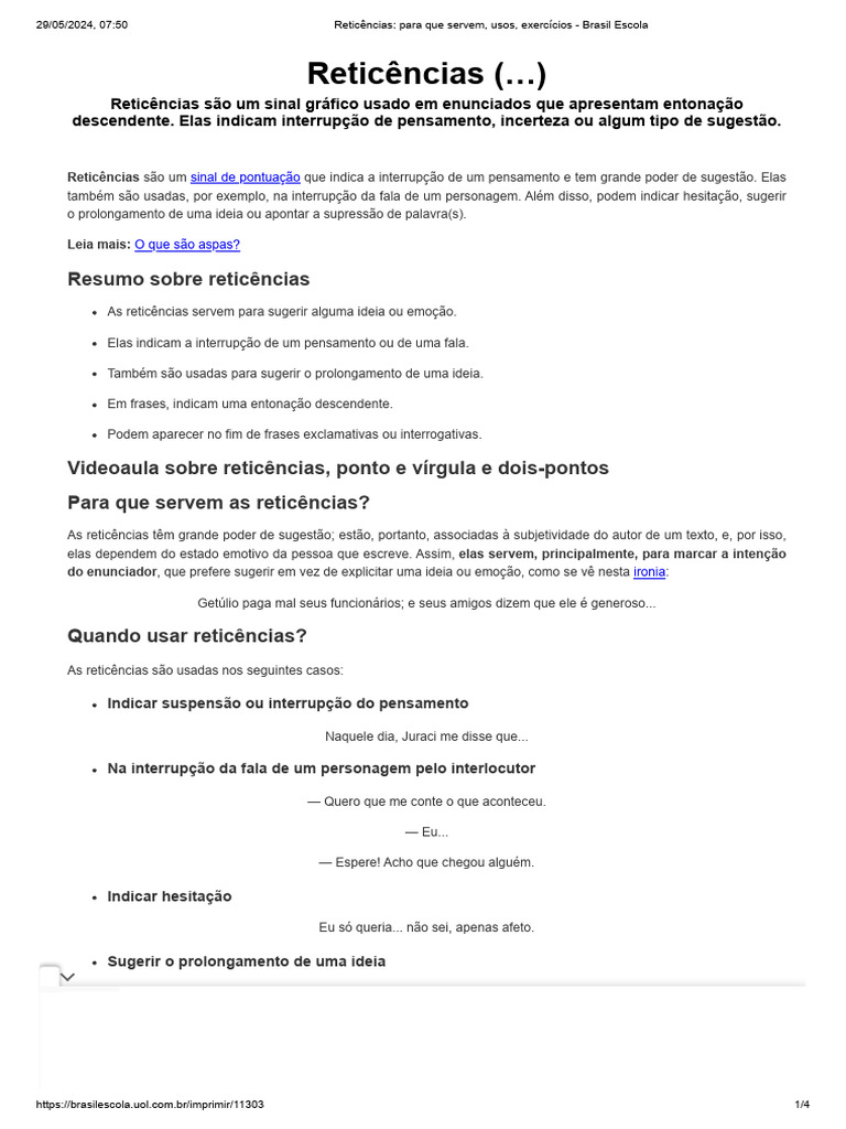 Reticências - para Que Servem, Usos, Exercícios - Brasil Escola | PDF ...