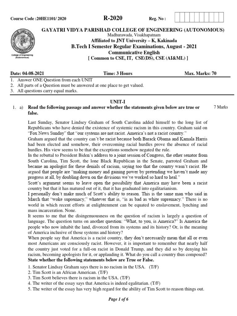 R2020 20HE1101 Communicative English | PDF | Racism | Discrimination & Race Relations