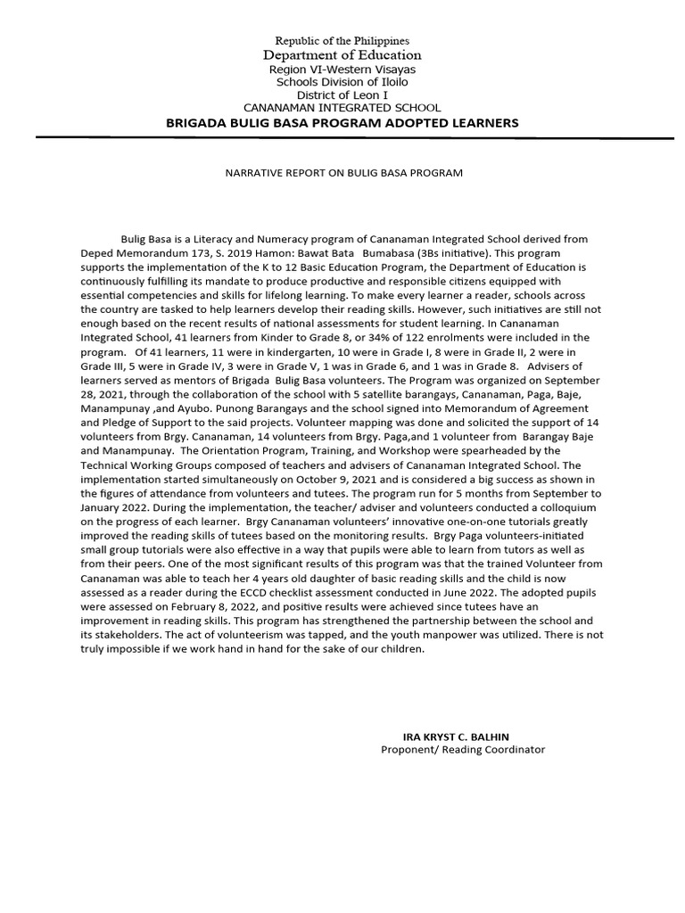 Bulig Basa Program Success Report | PDF | Pedagogy | Cognition
