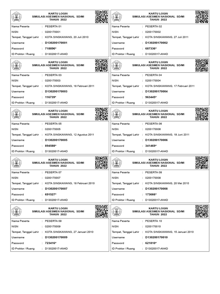 Asesmen Nasional Kartu Simulasi AKM 2022 | PDF