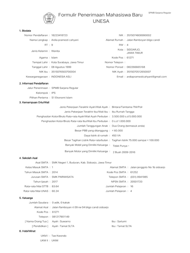 Formulir Pendaftaran (Sistem Informasi Penerimaan Mahasiswa Baru UNESA ...