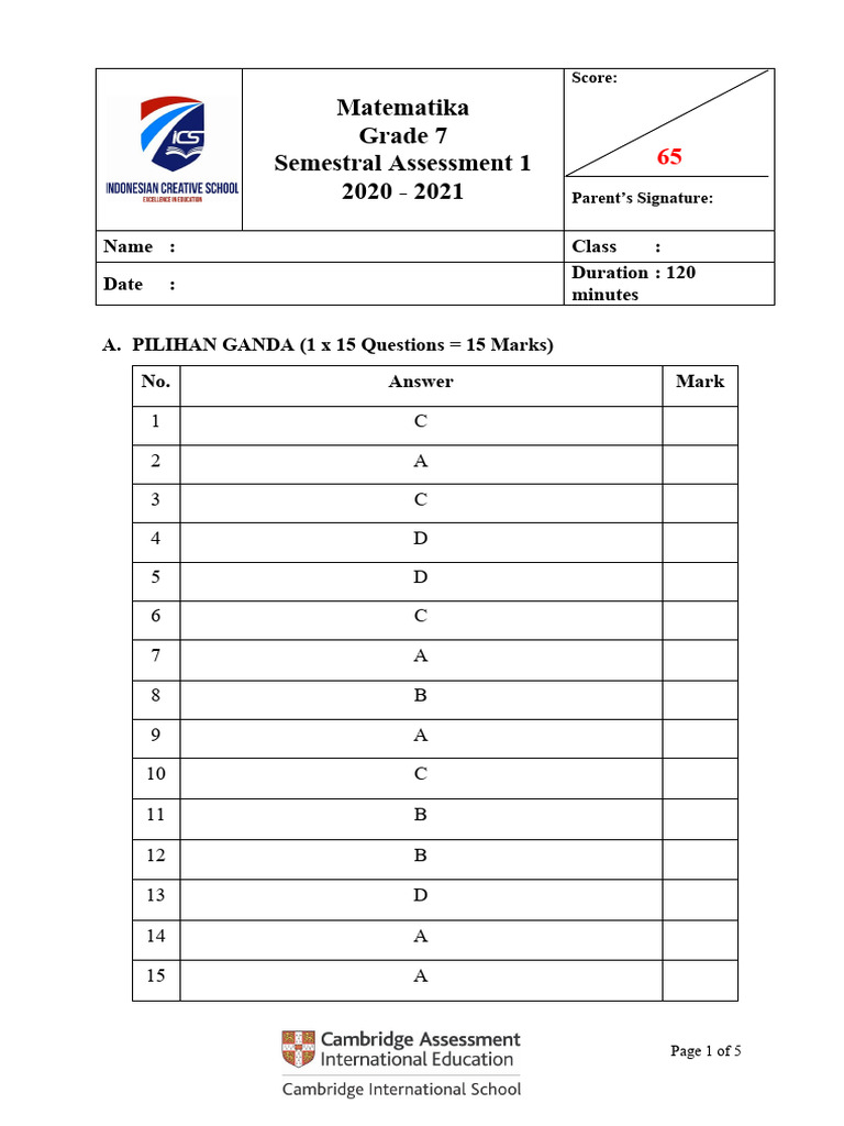 Answer Sheet SA1 MTK G7 2020-2021 | PDF