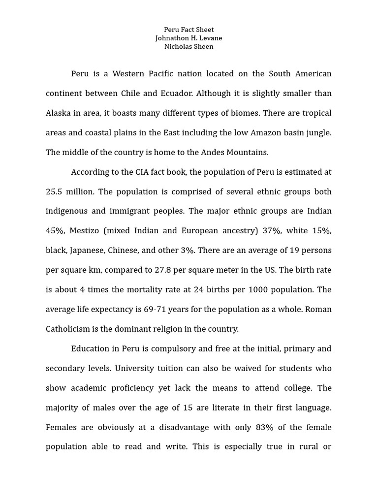 Peru Fact Sheet | PDF | Peru | Linguistics