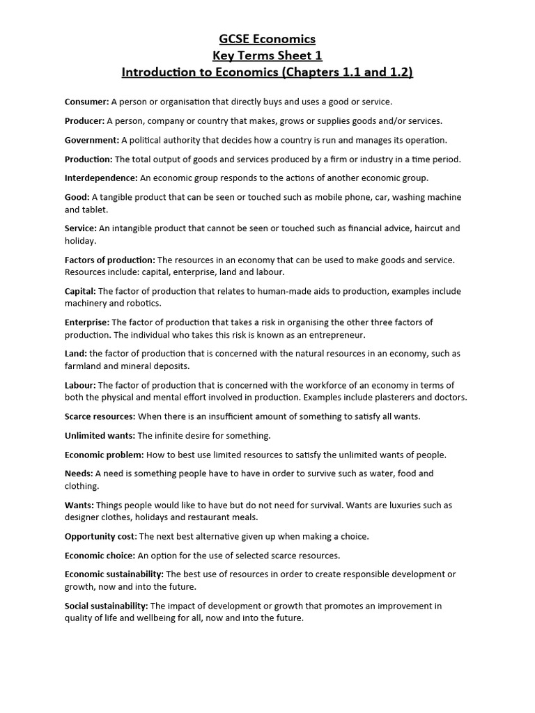 Key Terms Sheet 1 Ch1.1 and 1.2 | PDF | Factors Of Production | Resource