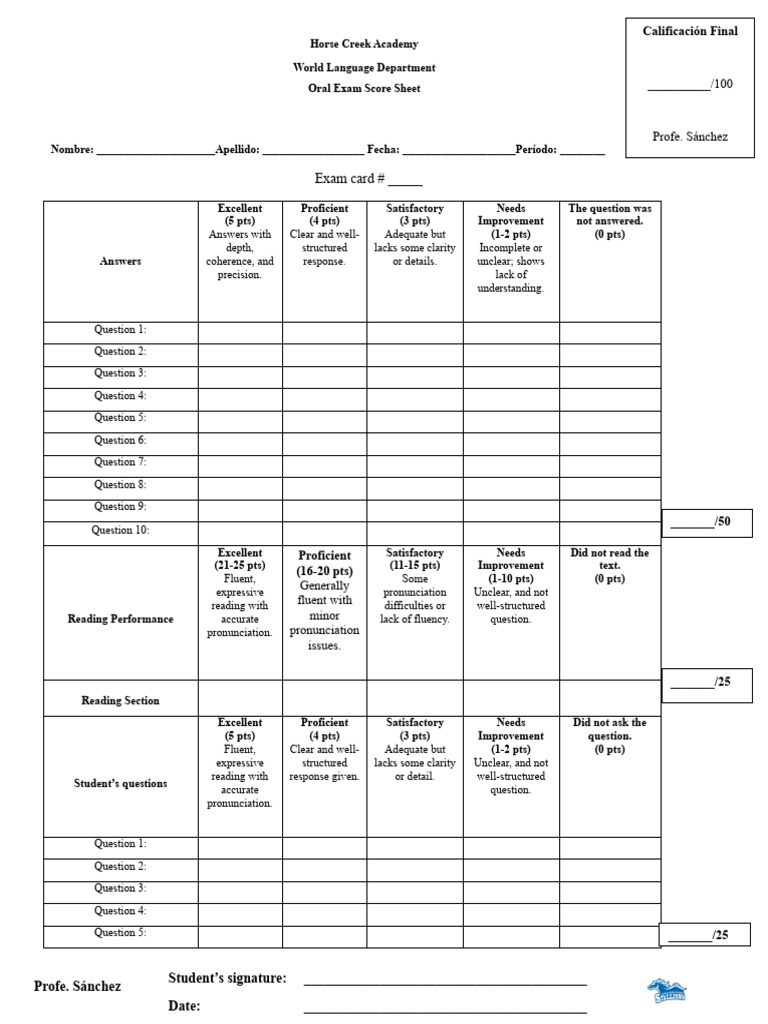 Oral Exam Evaluation Sheet | PDF | Fluency | Humanities Education