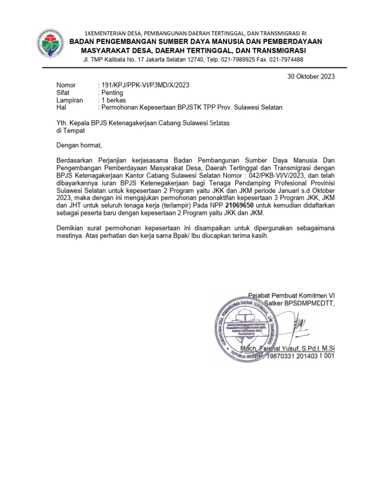 191 - Sulsel - Permohonan Kepesertaan Baju BPJSTK | PDF