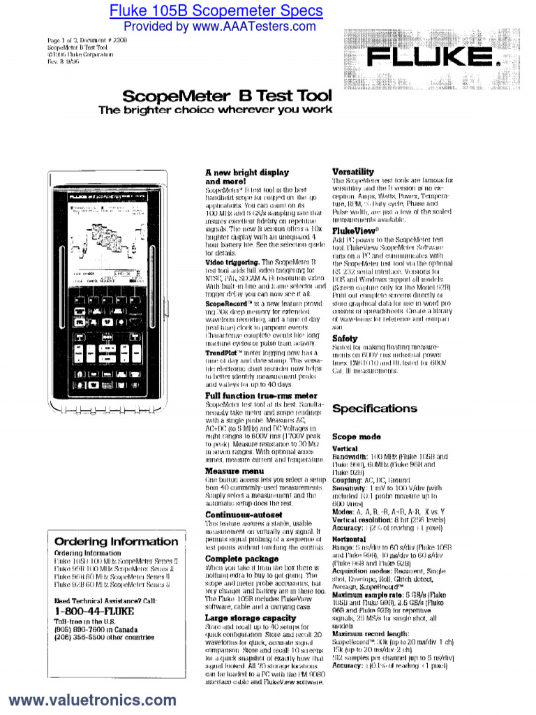 Fluke 105b - Scopemeter - Specifications - Spec - Sheet - 11h32 | PDF