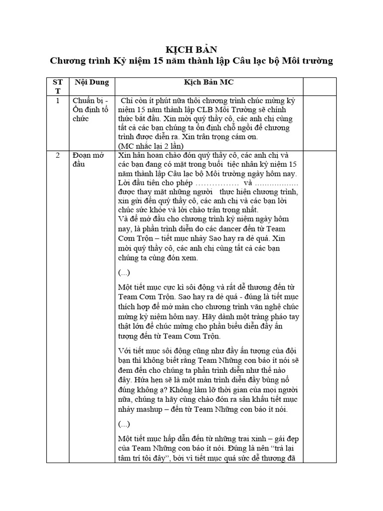 KỊCH BẢN MC CLB MÔI TRƯỜNG | PDF