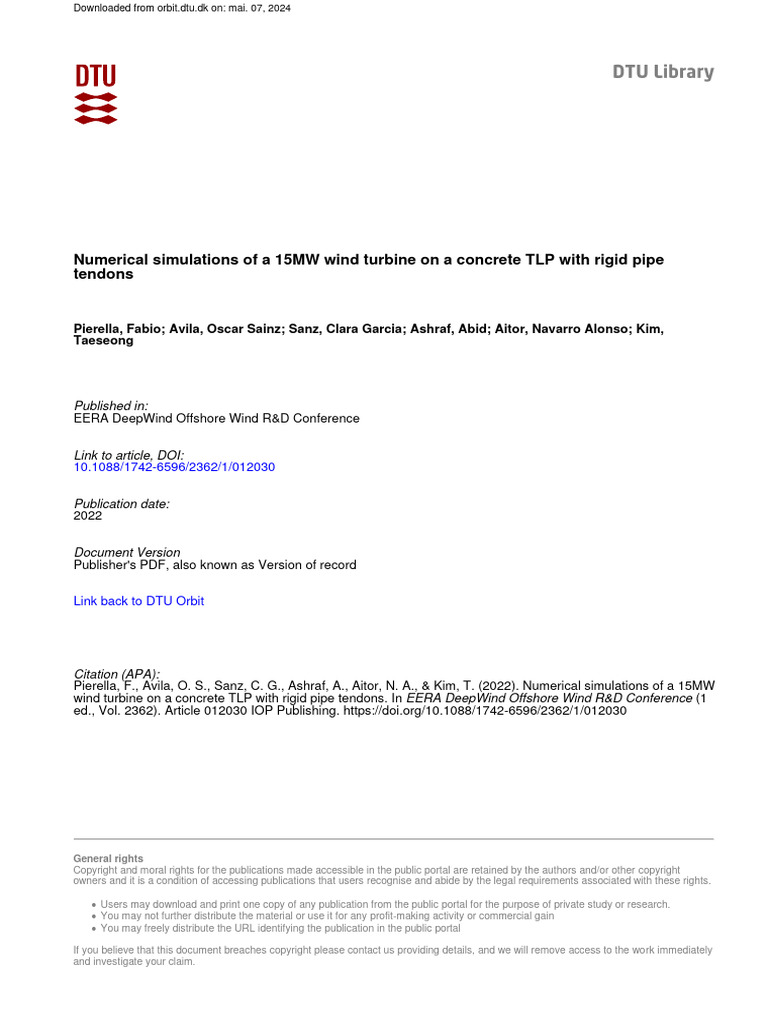 Numerical Simulations of A 15MW Wind Turbine On A Concrete TLP With Rigid Pipe | PDF | Damping ...