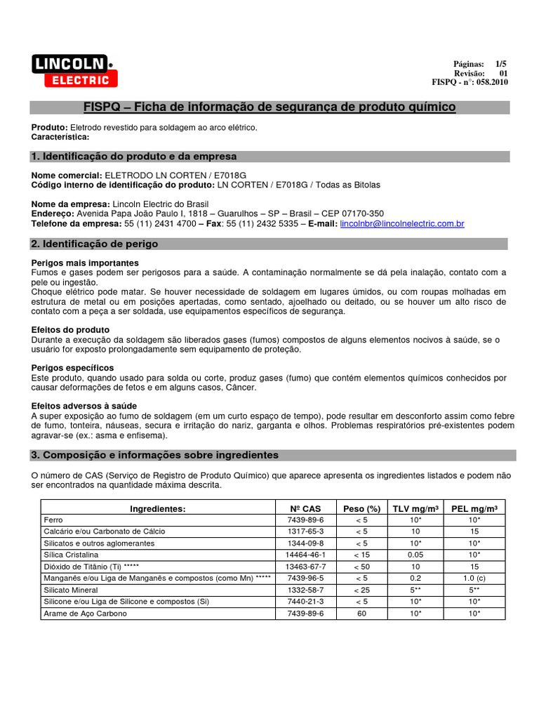 FISPQ - Ficha de Informação de Segurança de Produto Químico - Eletrodo ...