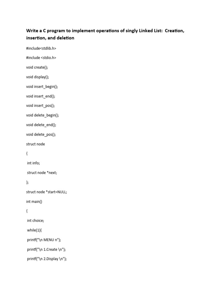 C Program for Singly Linked List Operations | PDF | Computer Programming | Software Engineering