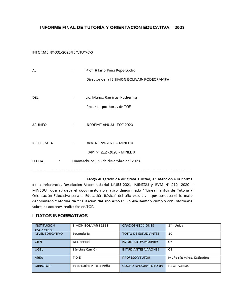 INFORME DE TUTORIA | PDF | Salón de clases