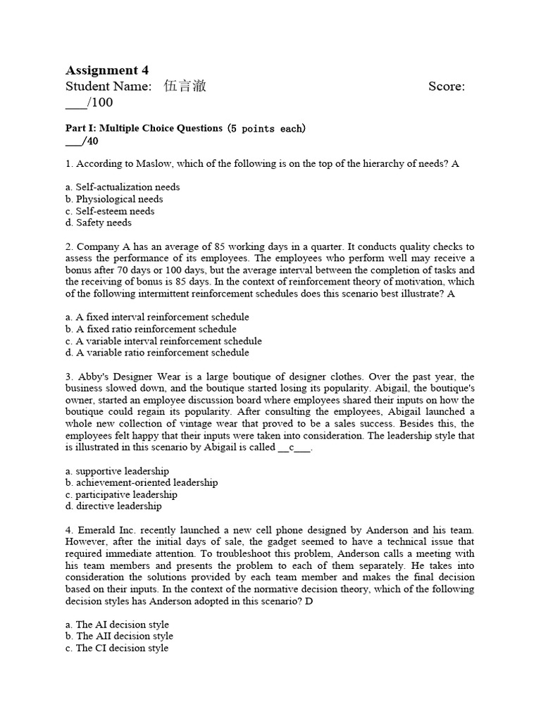 Assignment 4 Questions(1) | PDF | Leadership | Motivational