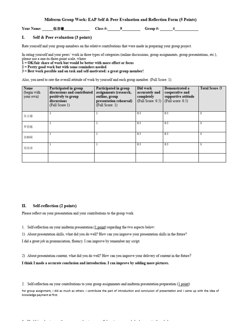EAP Self & Peer Evaluation Form | PDF | Behavior Modification | Learning