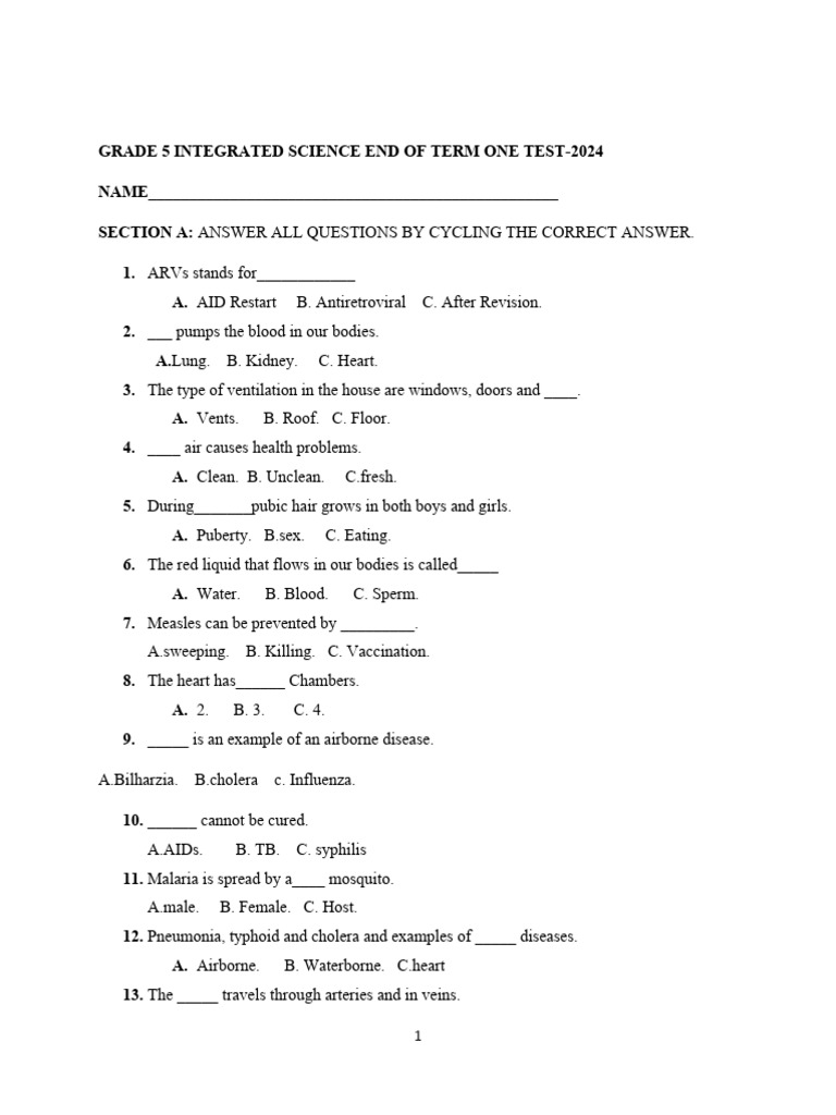 G5 Int-Sci Test-2024 | PDF | Heart | Hiv/Aids