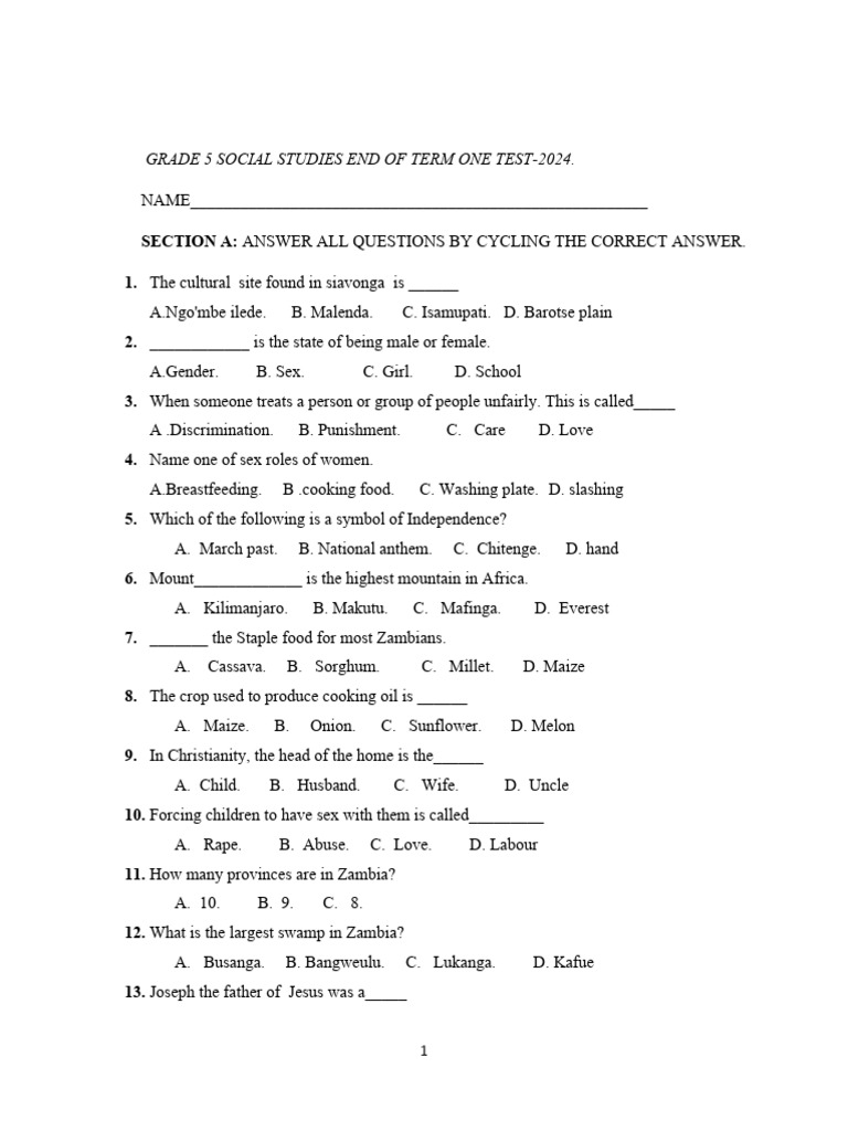 Grade 5 Social Studies Term 1 Test | PDF | Zambia