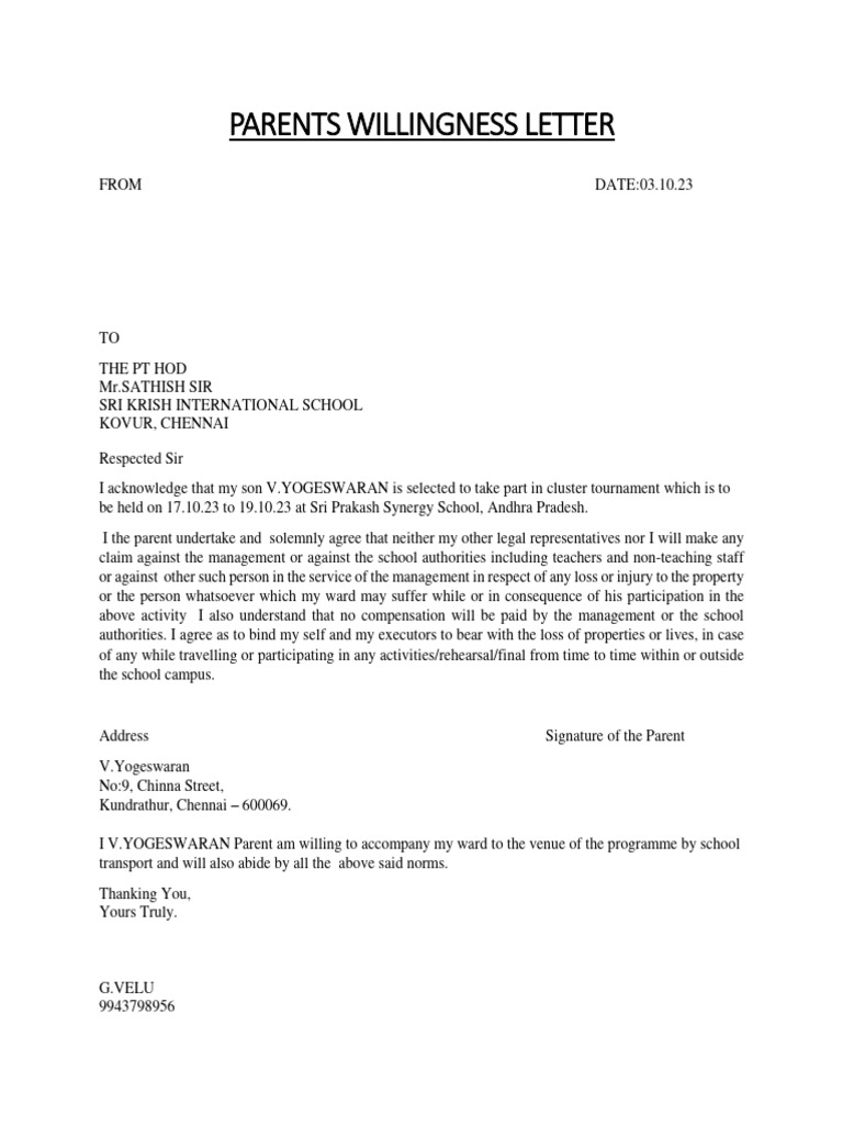 PARENTS WILLINGNESS LETTER - Removed | PDF
