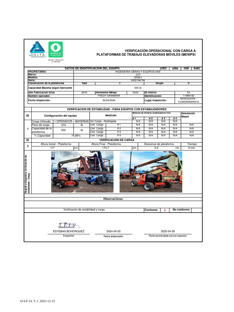 Oec 4284 Oin 6482 Manlift JLG 600aj 0300196756 53 Prueba | PDF