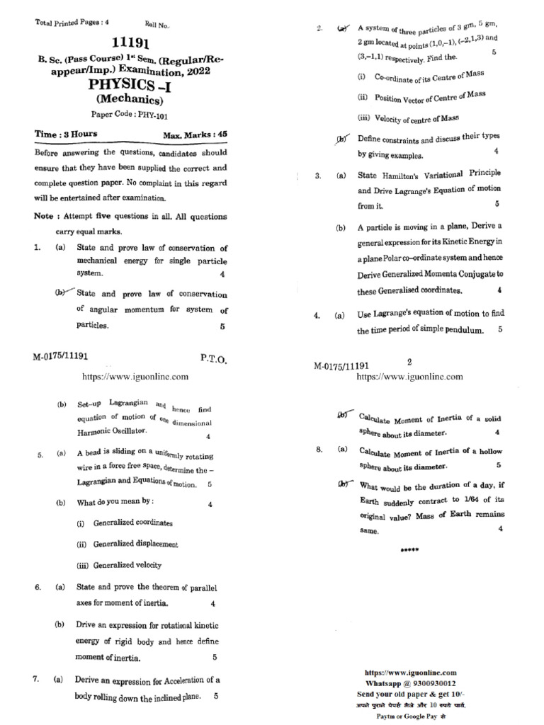 BSC 1 Sem Physics 1 Mechanics 11191 2022 | PDF