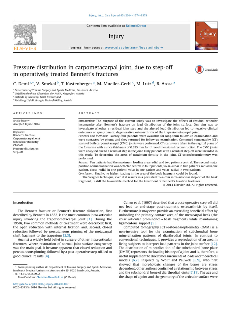 Pressure Distribution in Carpometacarpal Joint Due To Step Off in 2014 ...