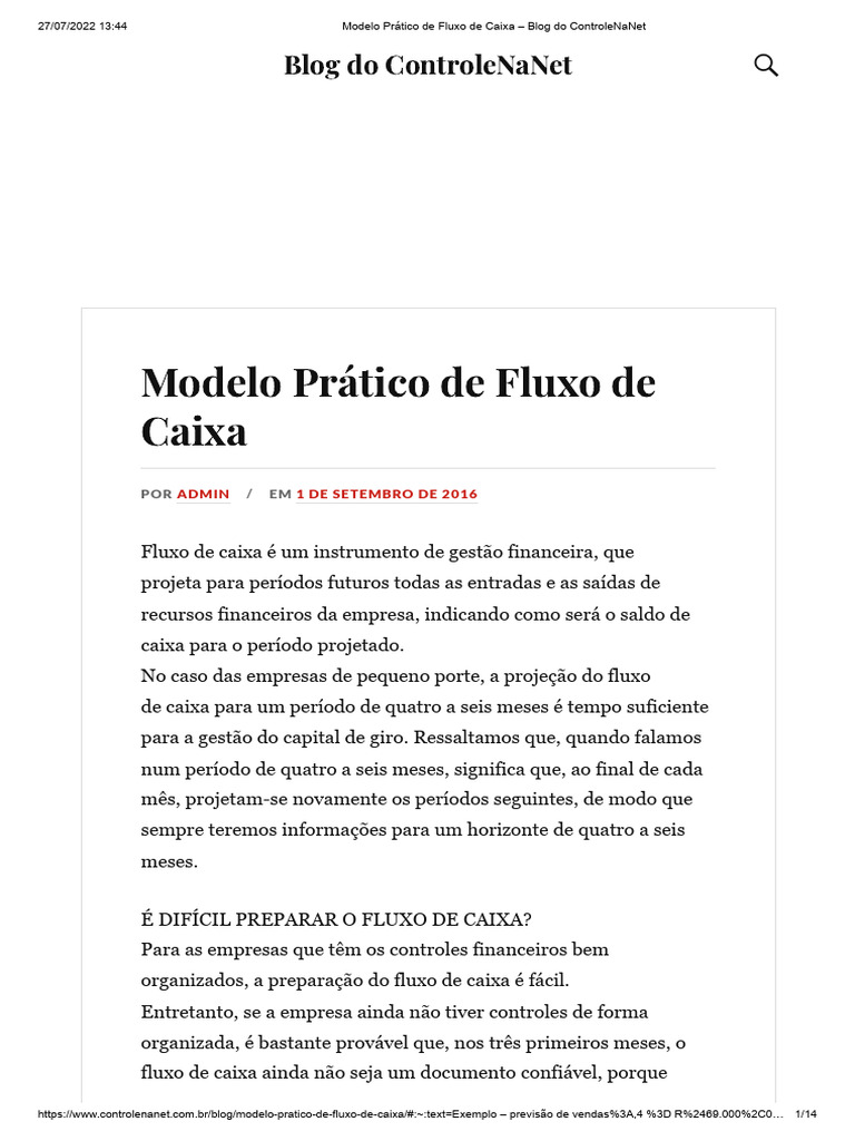 Modelo Prático de Fluxo de Caixa - Blog Do ControleNaNet | PDF | Fluxo de caixa