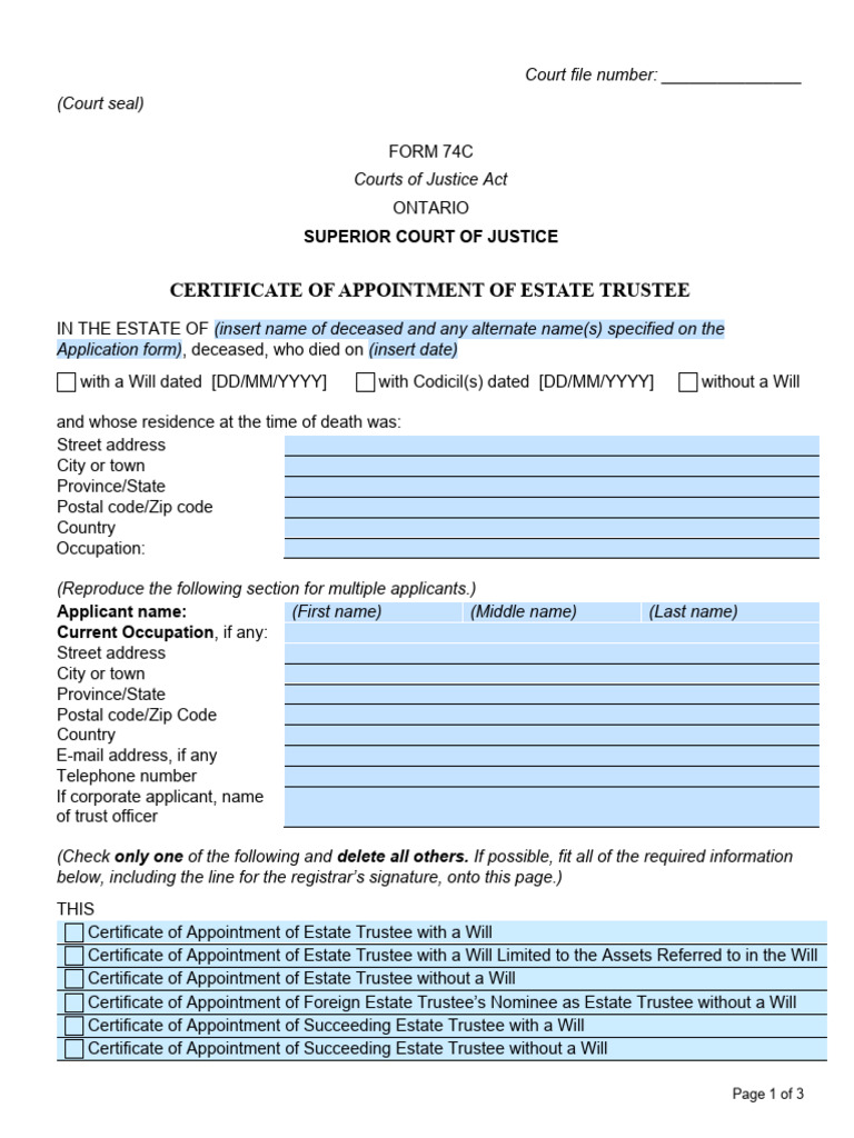 Certificate of Appointment of Estate Trustee: Superior Court of Justice ...