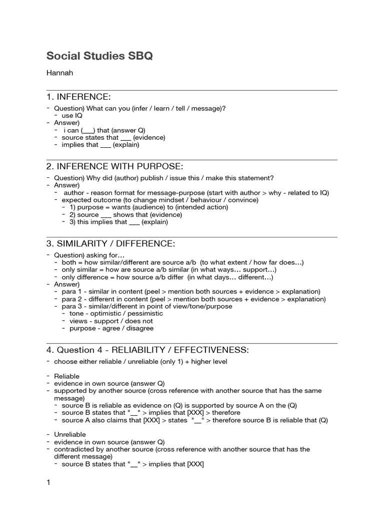 Social Studies SBQ Inference and Evaluation Guide | PDF | Cognition ...