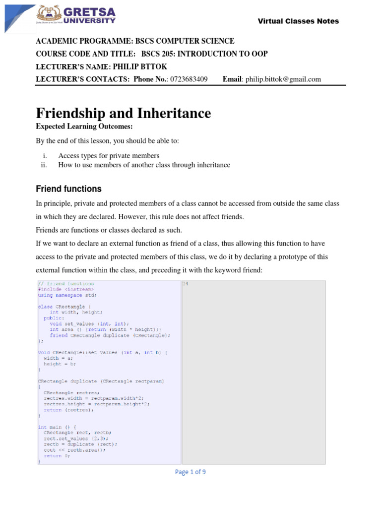 LECTURE 7 - Friendship and Inheritance | PDF | Class (Computer Programming) | Inheritance ...