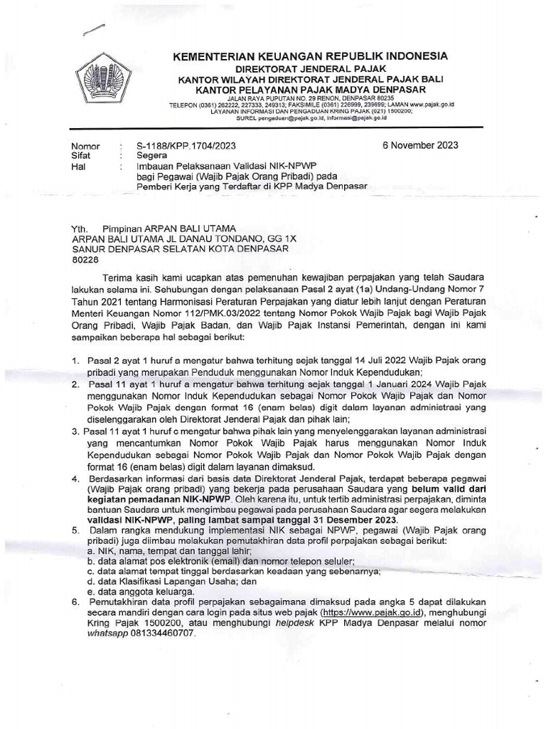 Imbauan Pelaksanaan Validasi NIK-NPWP Bagi Pegawai (Wajib Pajak Orang ...