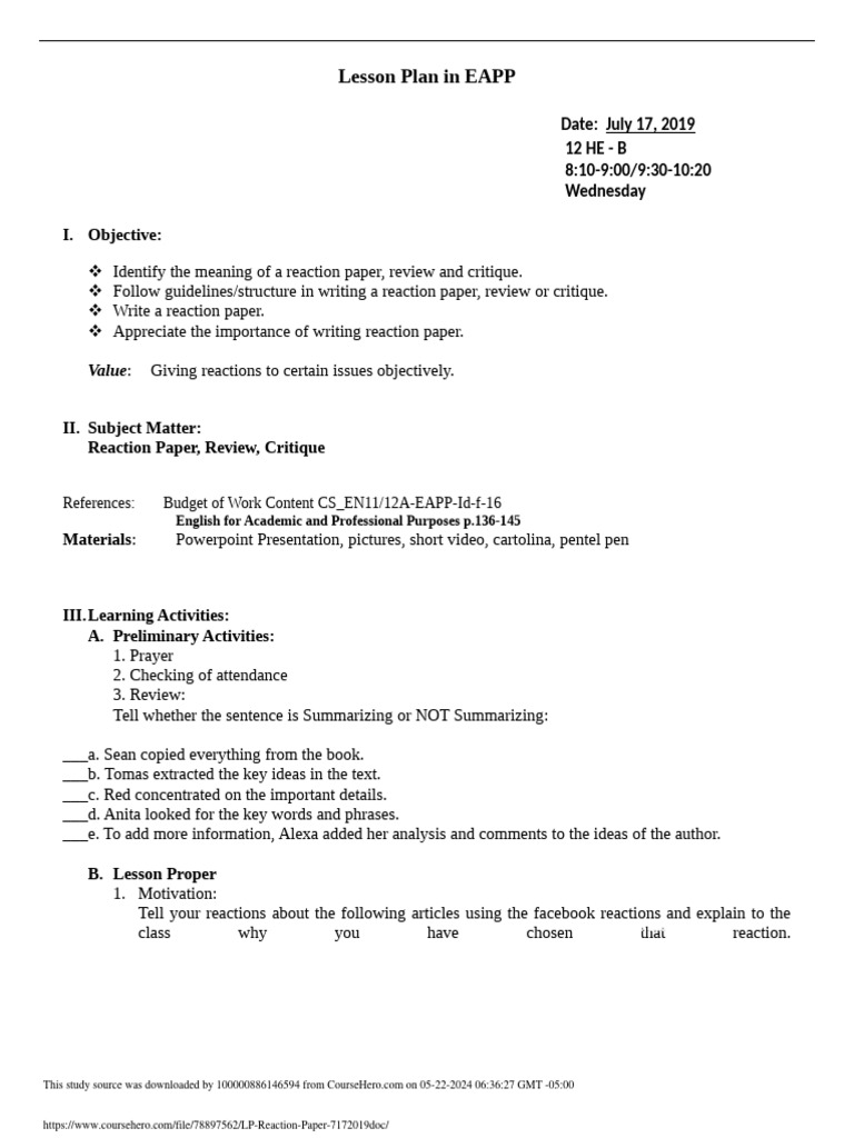 LP Reaction Paper 7172019 | PDF | Rubric (Academic) | Cognition LP Reaction Paper 7172019 | PDF | Rubric (Academic) | Cognition