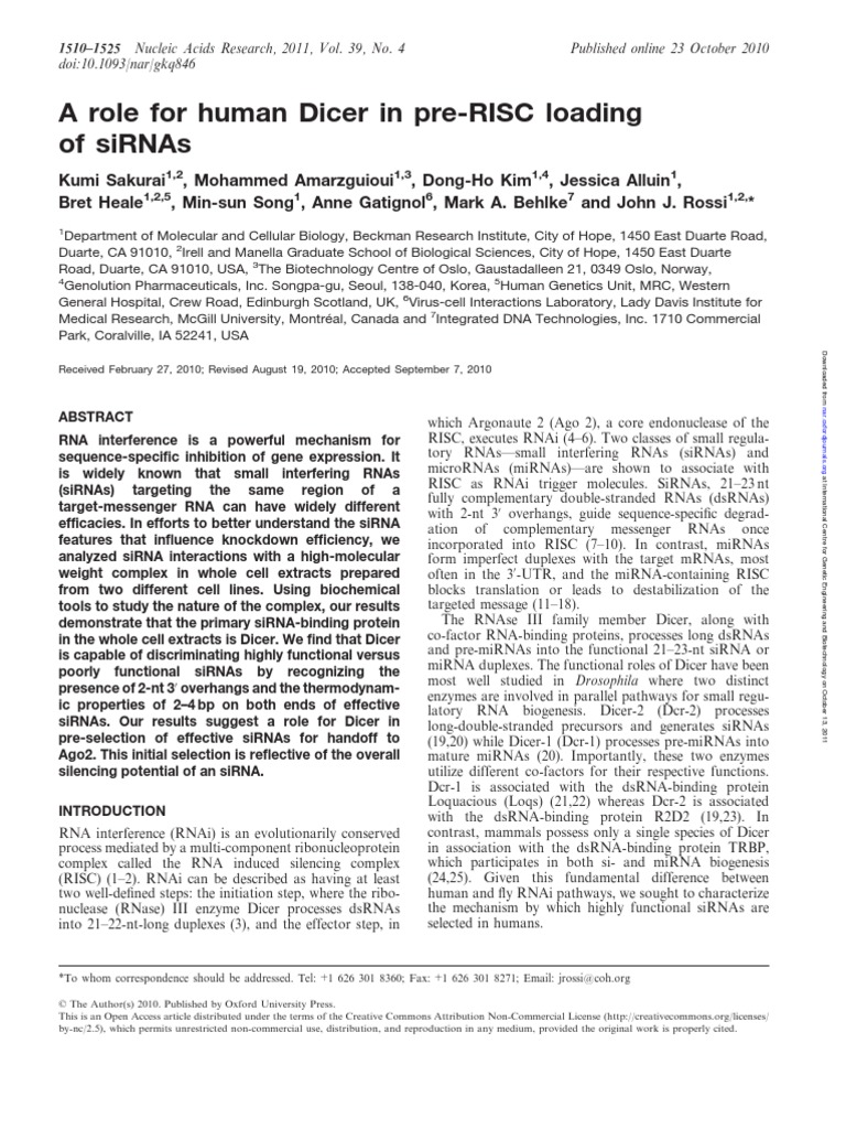 Nucl. Acids Res.-2011-Sakurai-1510-25 | PDF | Rna Interference | Small ...