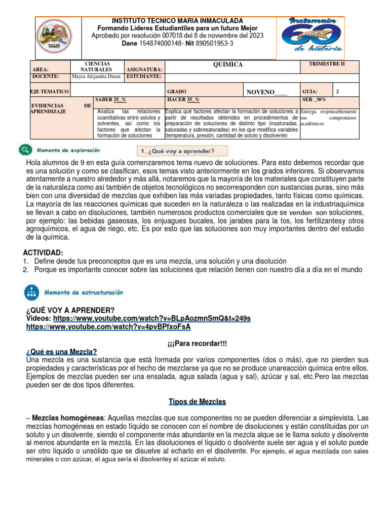Guia 2P Quimica Mezclas y Soluciones 2024 | PDF | Solubilidad | Mezcla