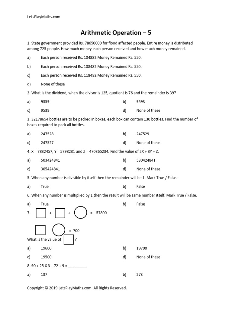Arithmetic-Operations - Class 5 | PDF | Division (Mathematics) | Numbers
