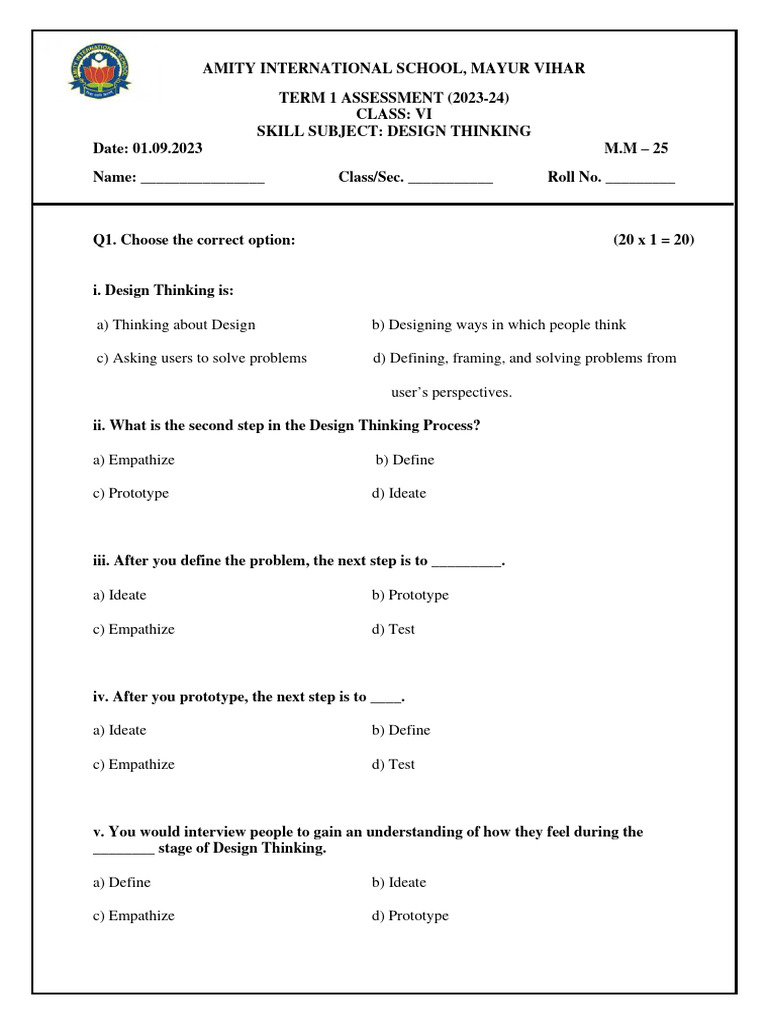 Grade 6 - Design Thinking - Question Paper (1) | Download Free PDF ...