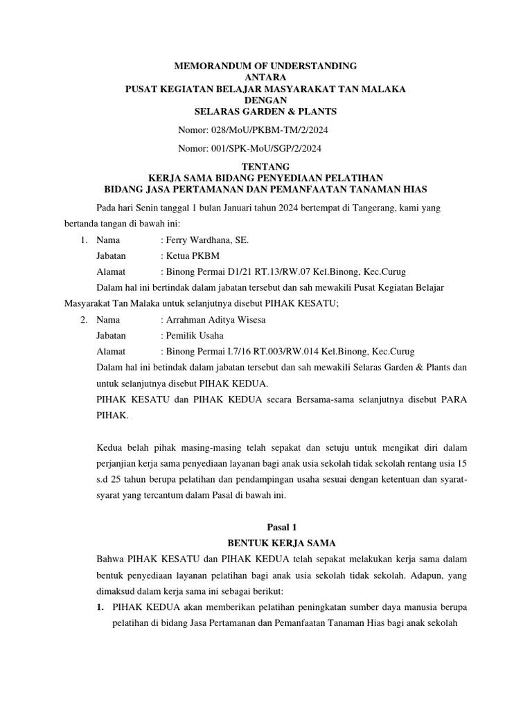 MoU Selaras PKBM Signed | PDF