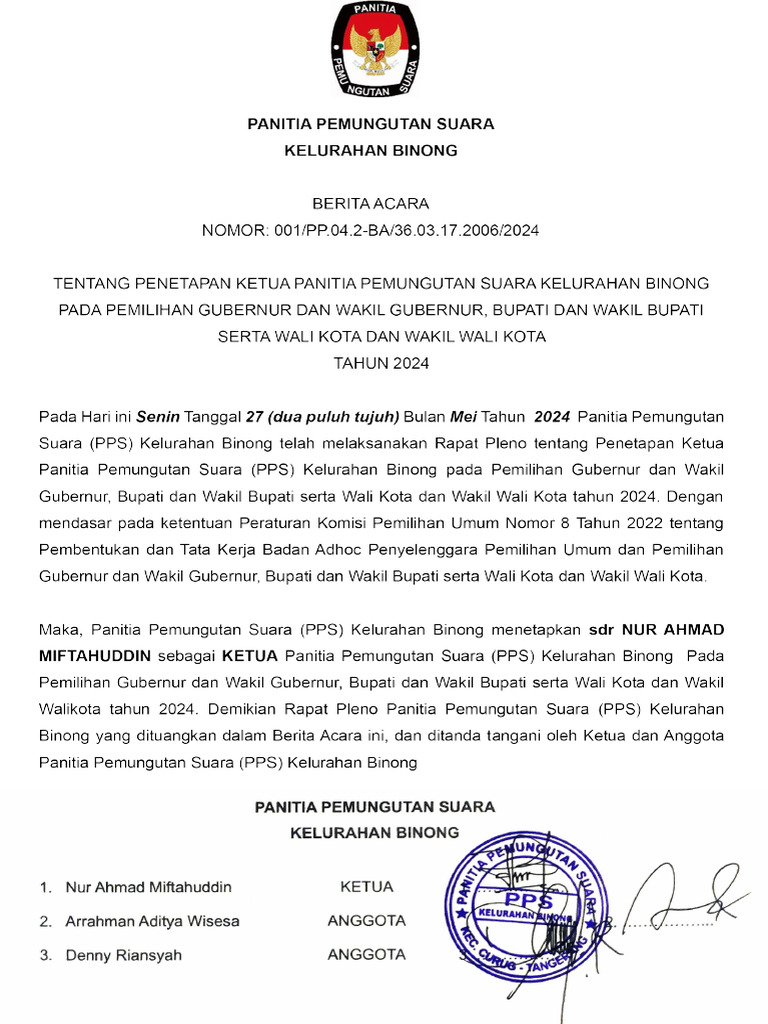 BA PLENO PENETAPAN KETUA PPS Binong-1 | PDF