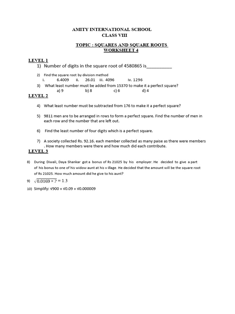 Squares and Square Roots Worksheet | PDF | Teaching Methods & Materials ...