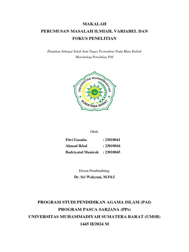 Makalah Masalah Penelitian, Variabel Dan Fokus Penelitian | PDF
