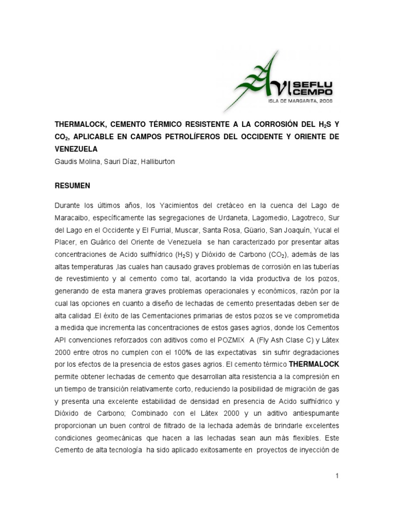 Cemento Térmico THERMALOCK para H2S y CO2 | PDF | Cemento | Dióxido de ...